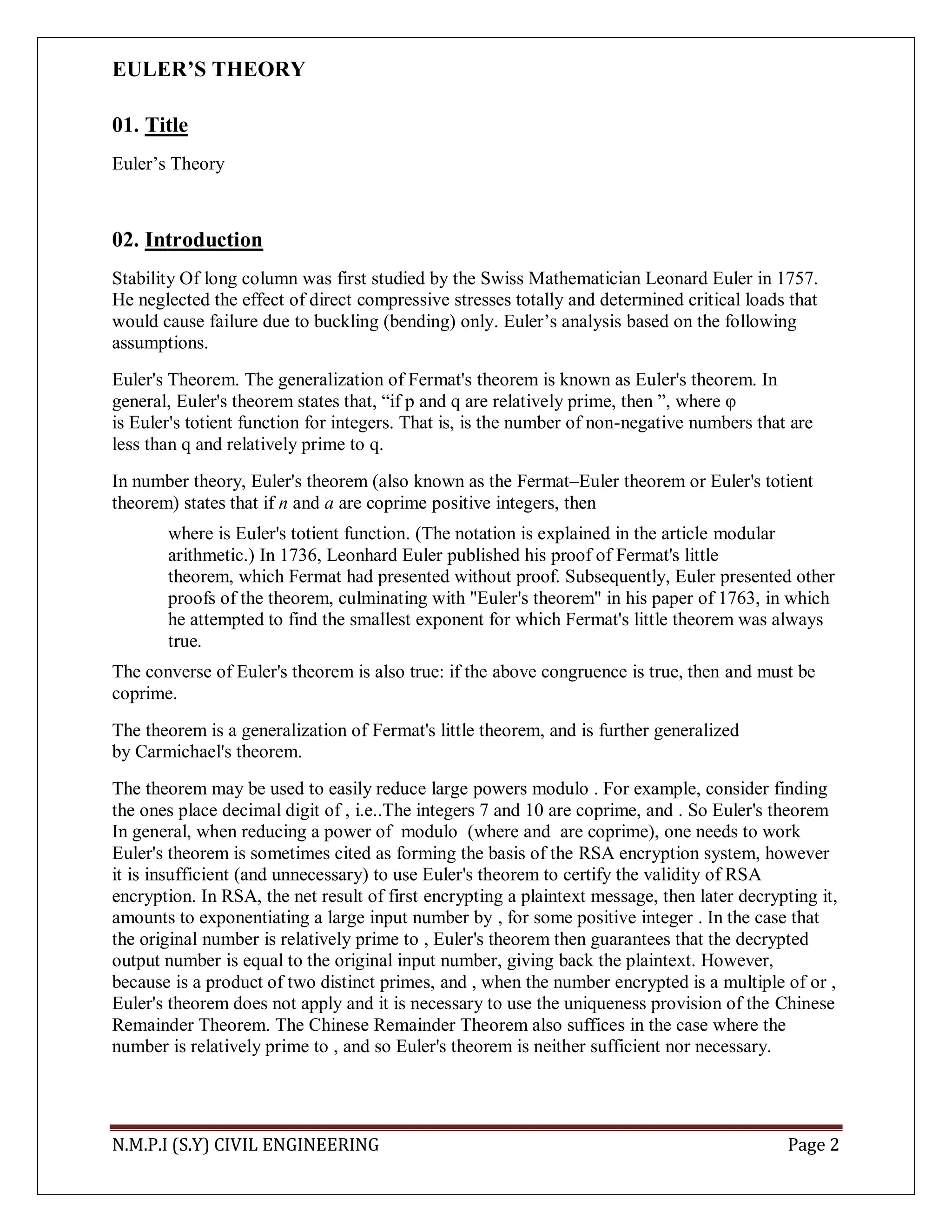 Euler's theory | PDF