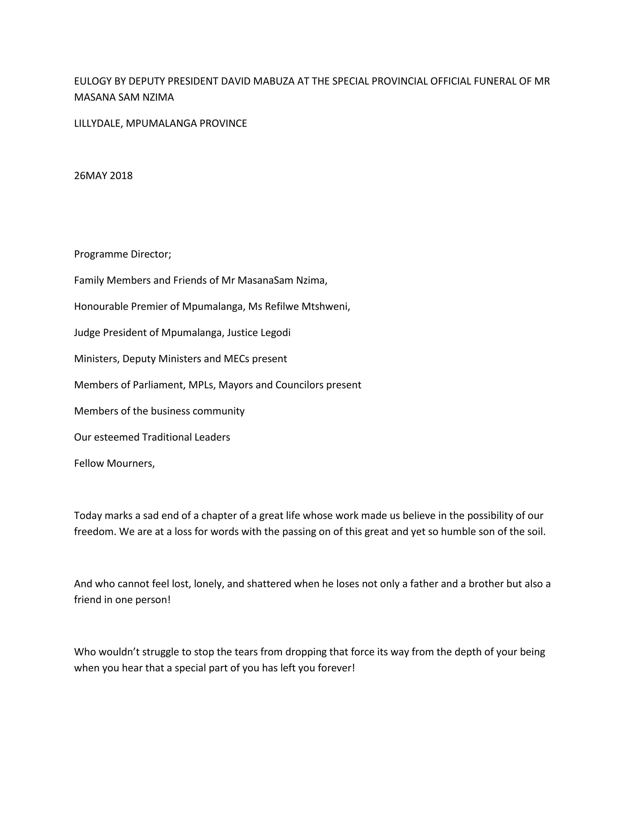 Eulogy by Deputy President David Mabuza at the special provincial ...