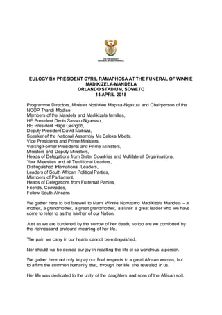 Eulogy by president cyril ramaphosa at the funeral of winnie madikizela ...