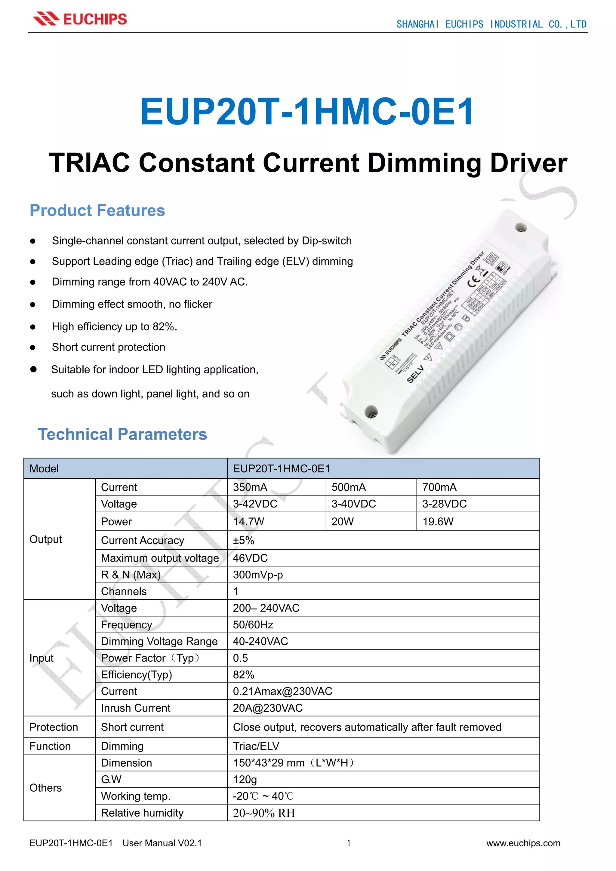 Triac constant current dimmable driver EUP20T-1HMC-0E1 | PDF