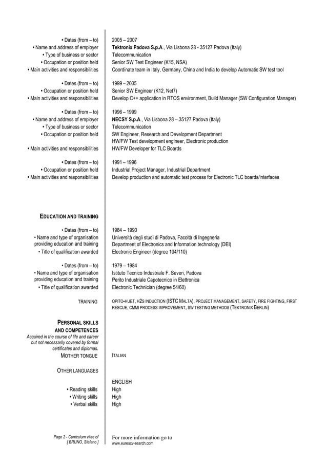 Eur cv stefano_bruno_eng_v16 | PDF | Resume Writing and Advice | Job Search