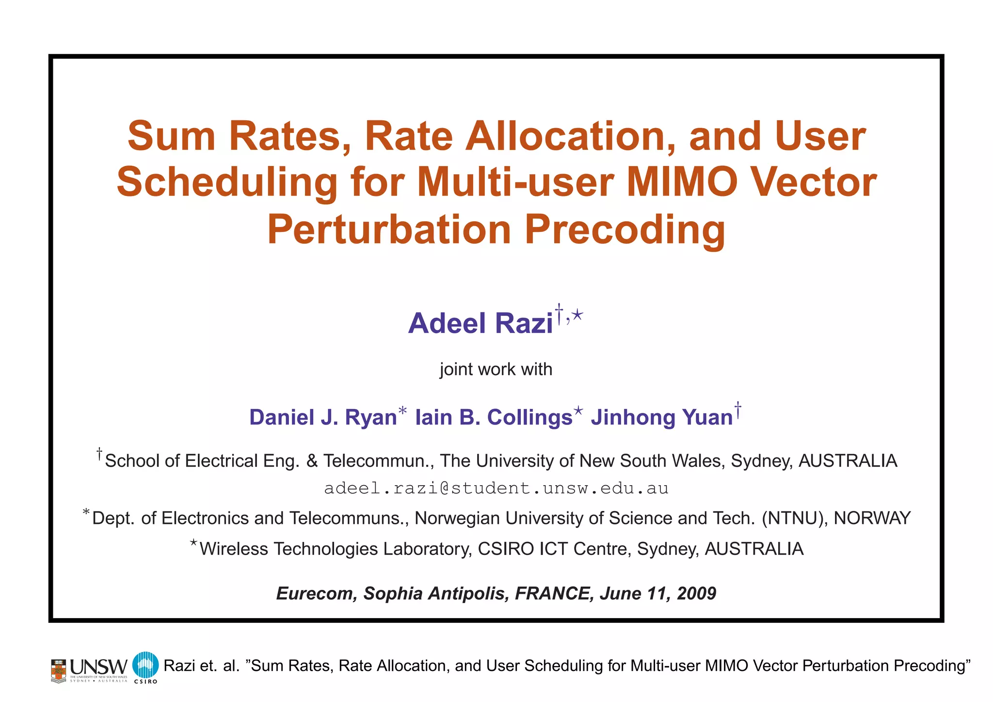 Multiuser MIMO Vector Perturbation Precoding | PPT