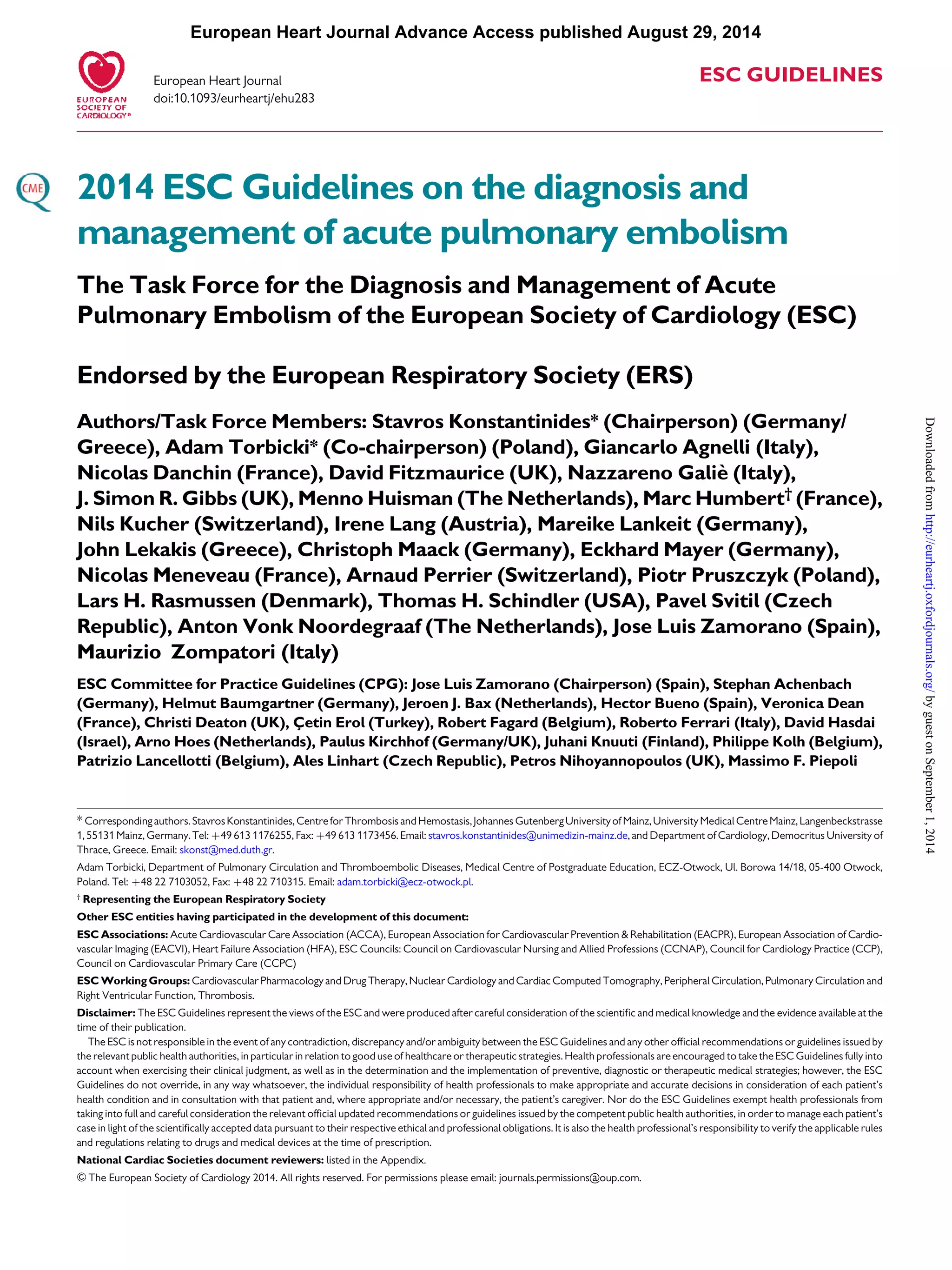 Eur heart j 2014 esc guidelines on the diagnosis and management of acute pulmonary embolism | PDF