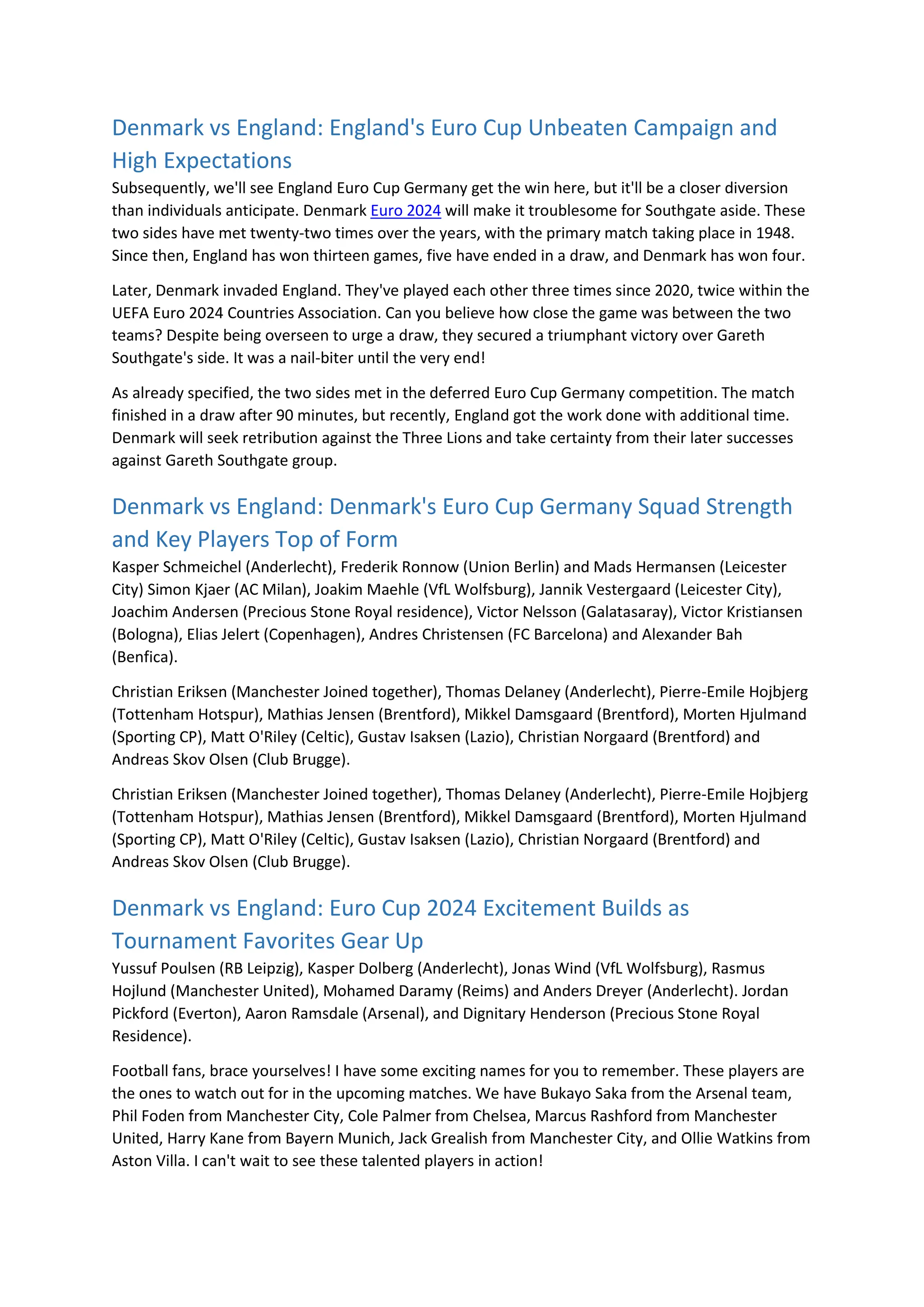 Euro 2024 Denmark vs England Clash at Frankfurt Field Group C Showdown ...