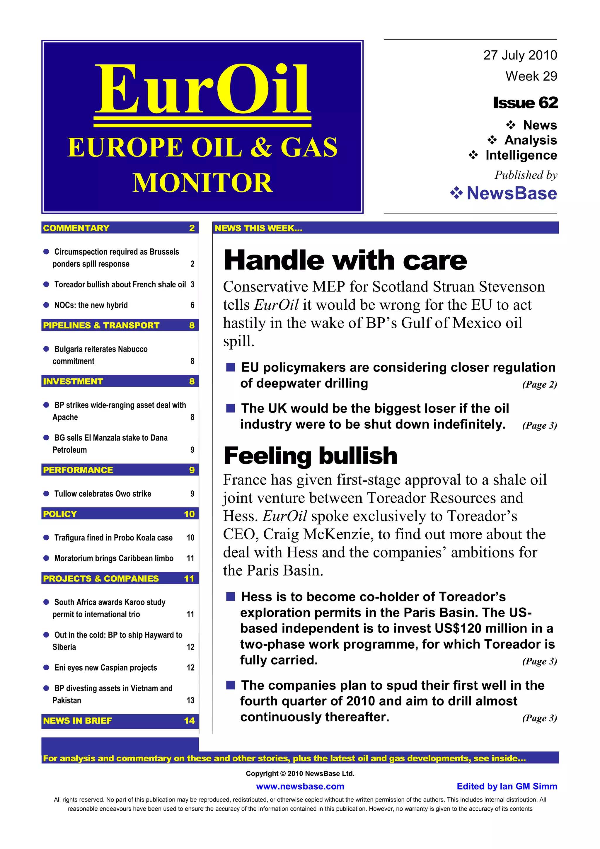 EurOil 27th July 2010 - Toreador CEO on Hess JV in Paris Basin | PDF