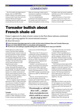 EurOil 27th July 2010 - Toreador CEO on Hess JV in Paris Basin | PDF