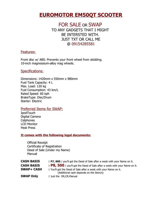 Euromotor Em50 Qt Scooter | DOC | Consumer Electronics | Technology ...