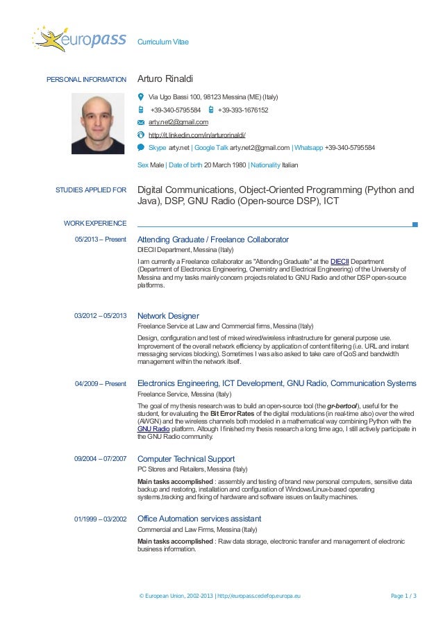 Curriculum Vitae Europass Example Curriculum Vitae Europass Example