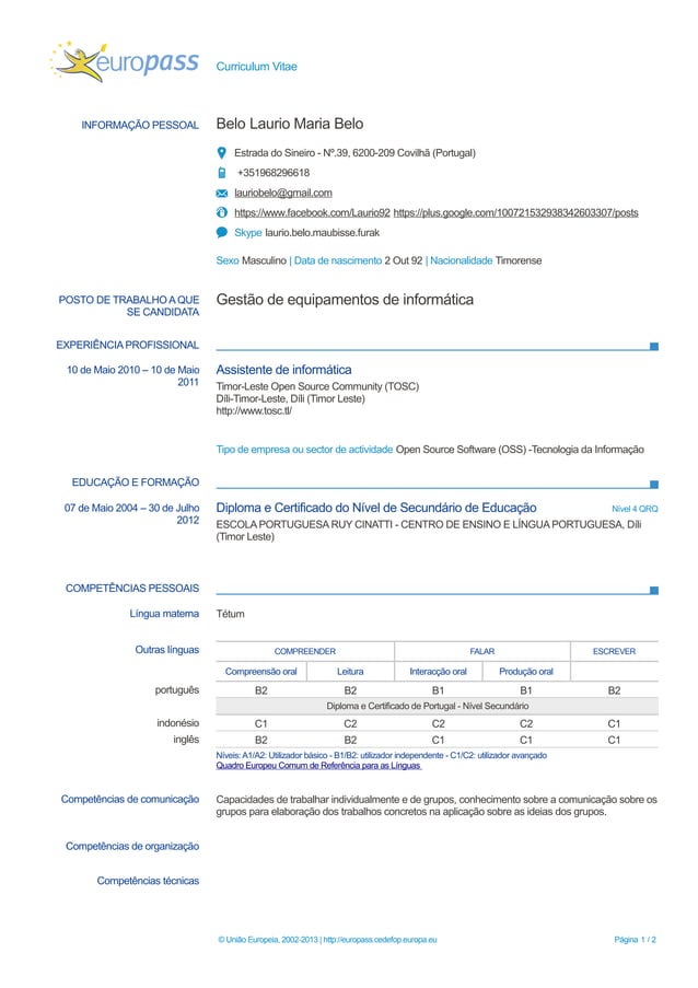 Europass CV example(Laurio Belo) | PDF