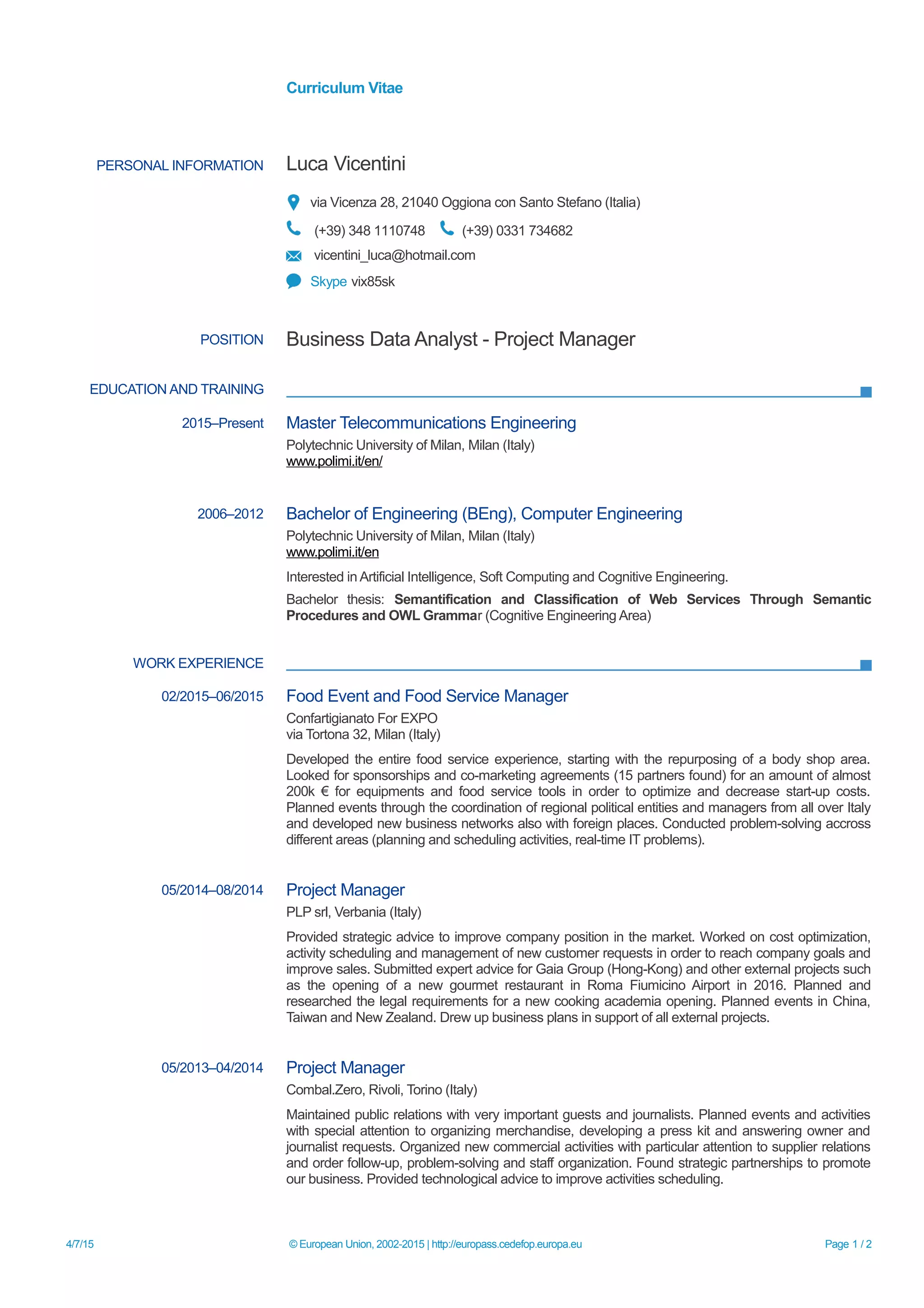 Europass CV Luca Vicentini | PDF | Technology & Computing