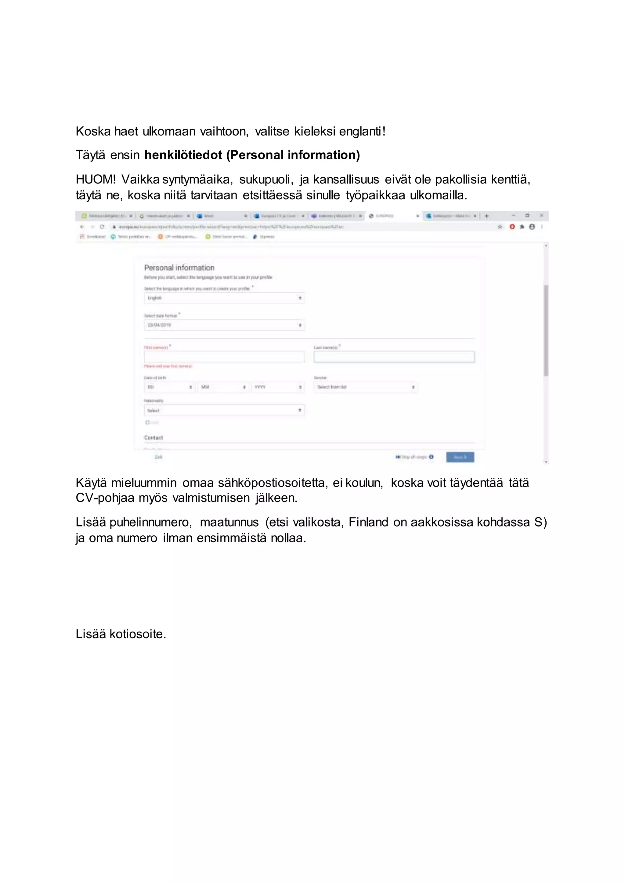 Europass cv ja cover letter, ohje | DOCX