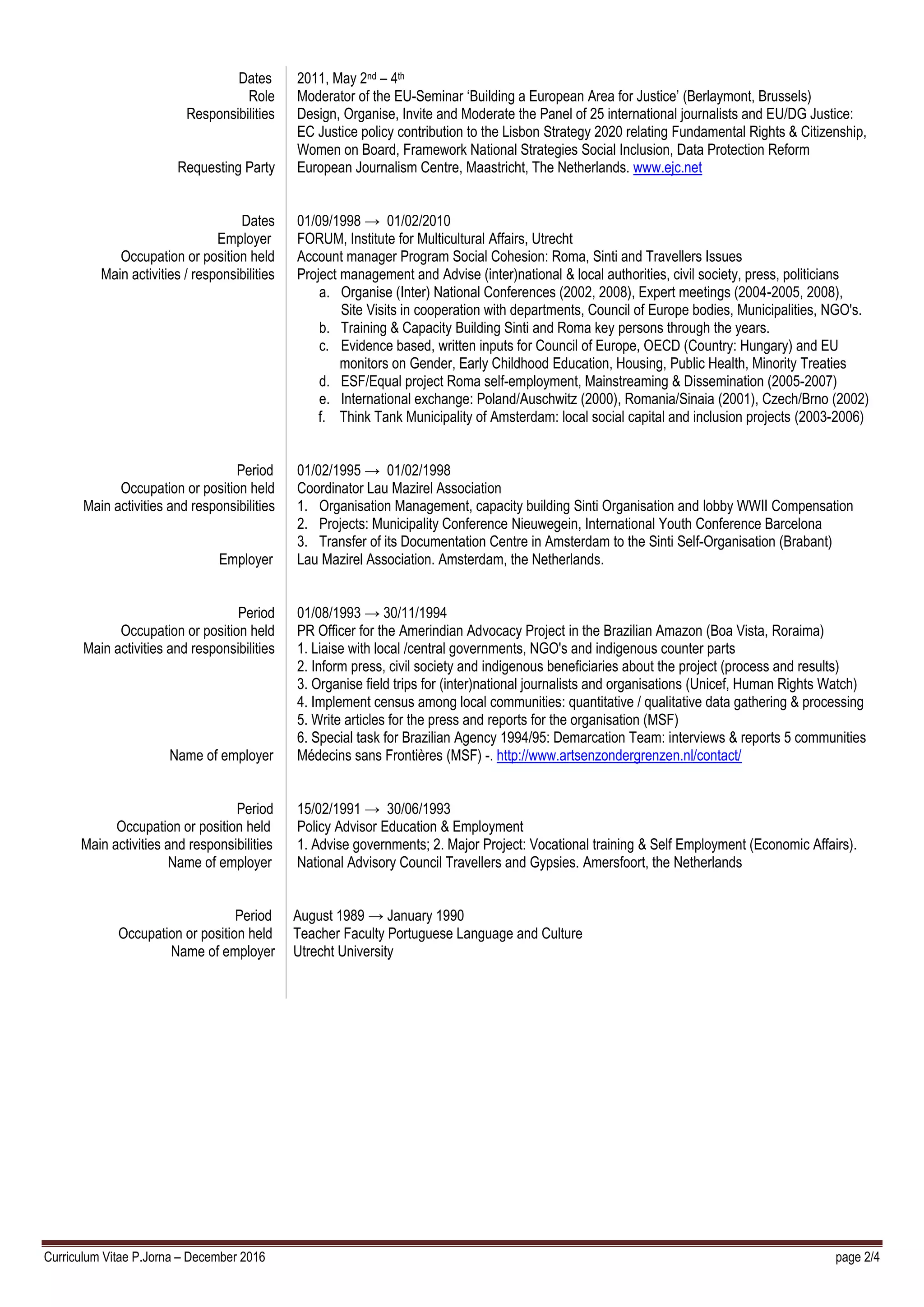 Europass CV update Peter Jorna December 2016 | PDF | Education