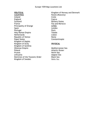 Europe 1559 map locations | DOC | Europe Travel | Travel Locations