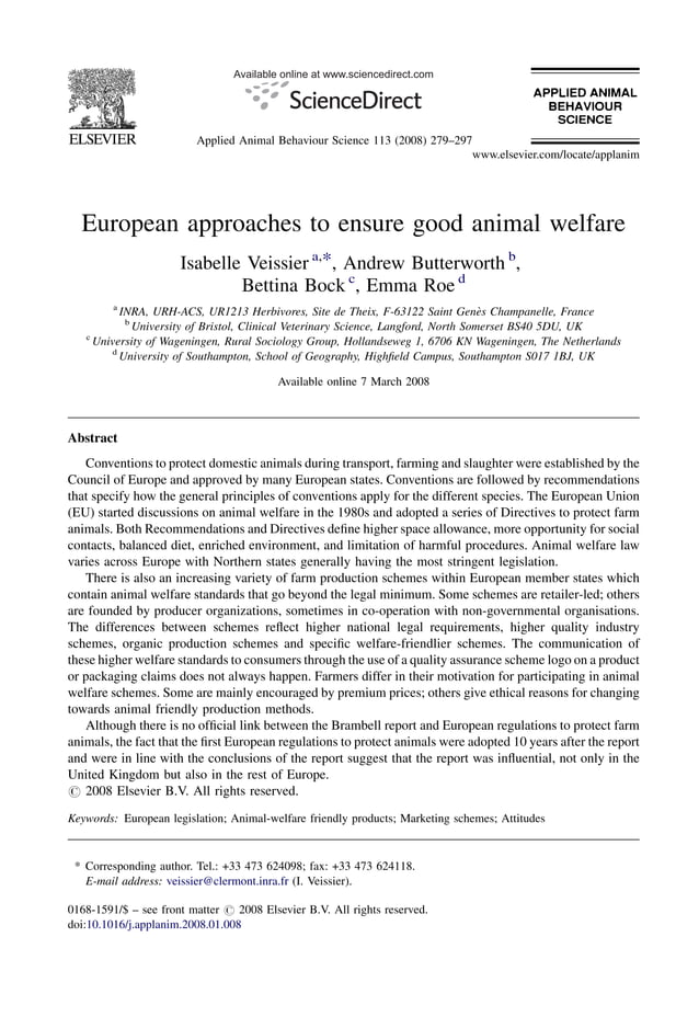 European approaches to ensure good animal welfare emma roe | PDF