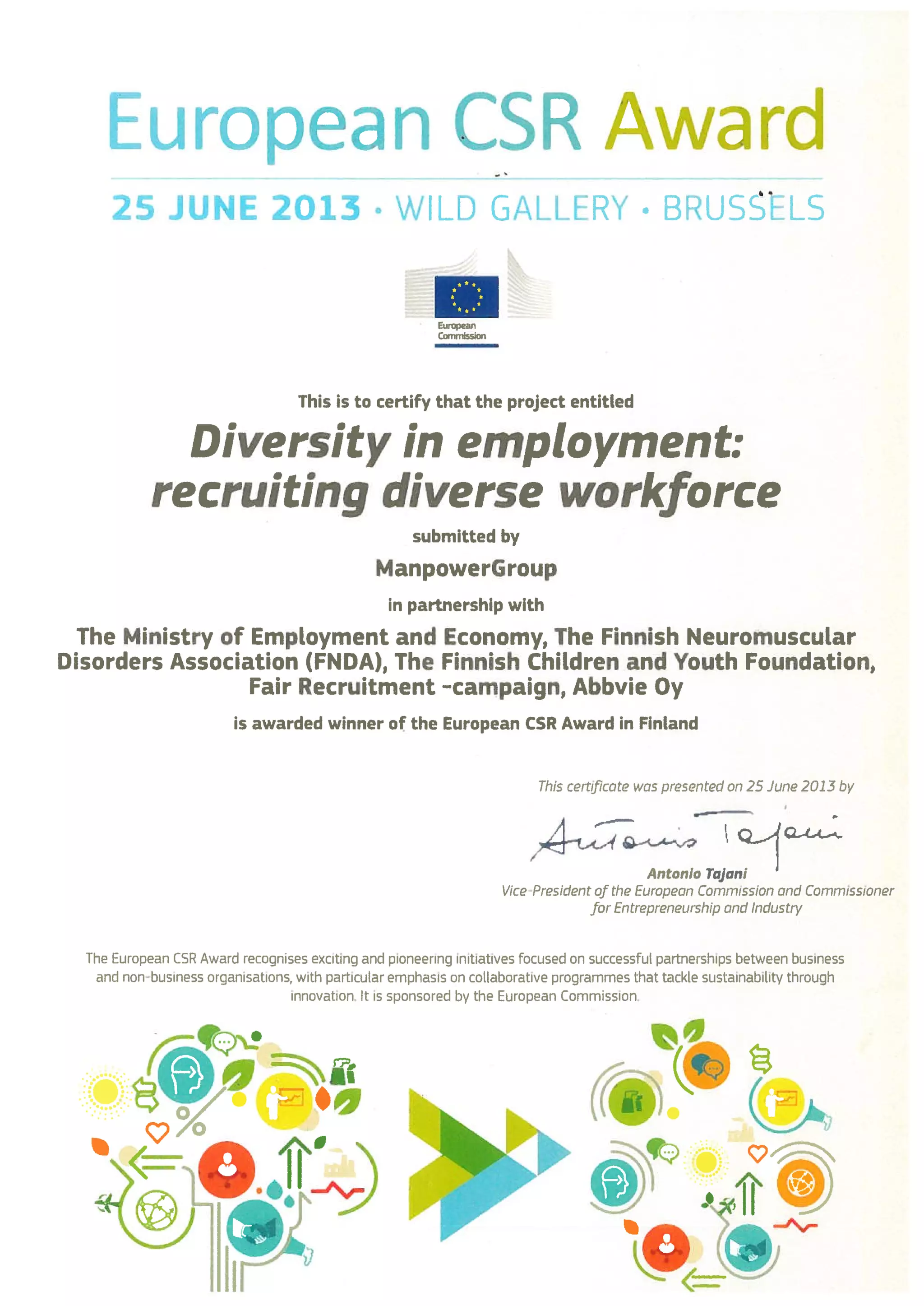 European CSR Award Certificate 2013 ManpowerGroup | PDF