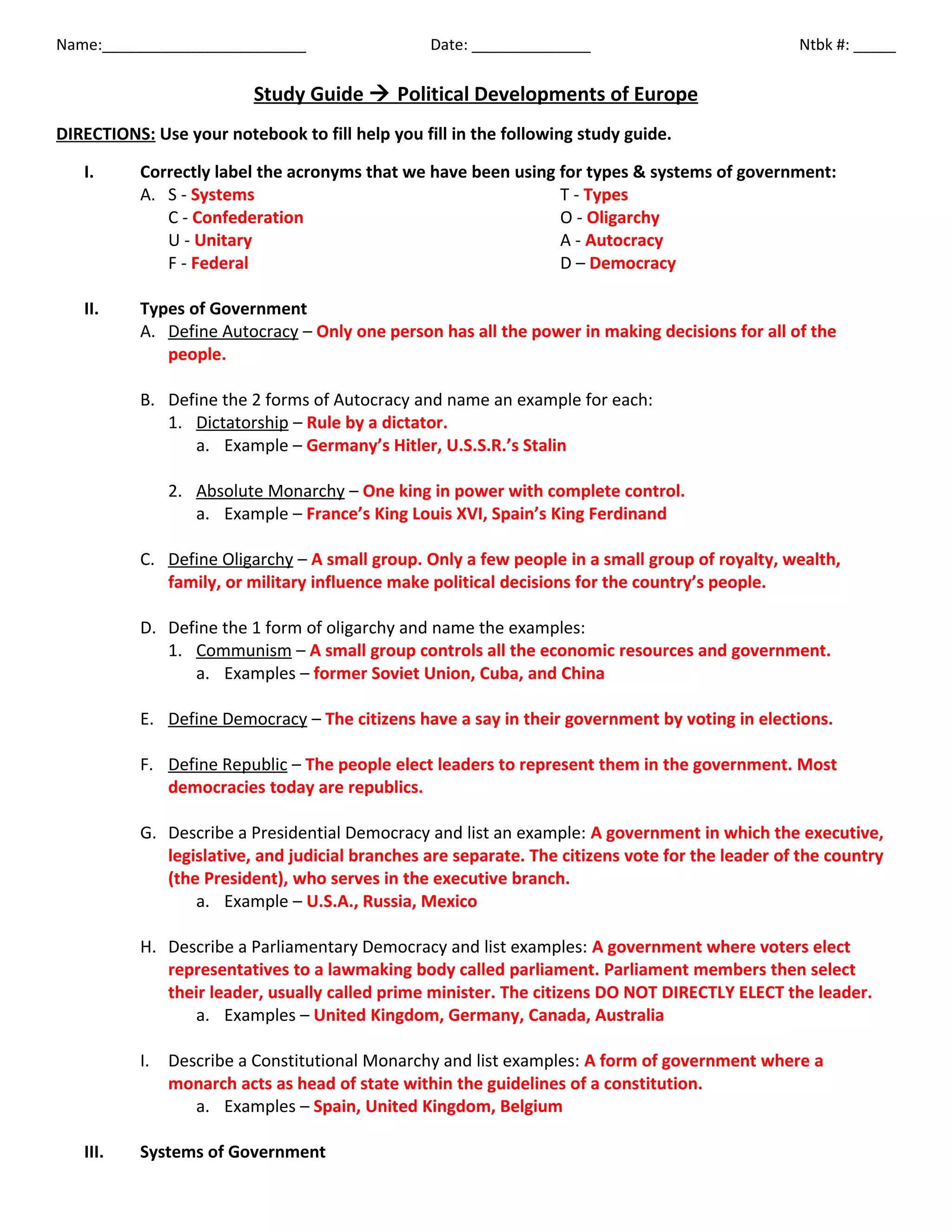 European government study guide key | DOC