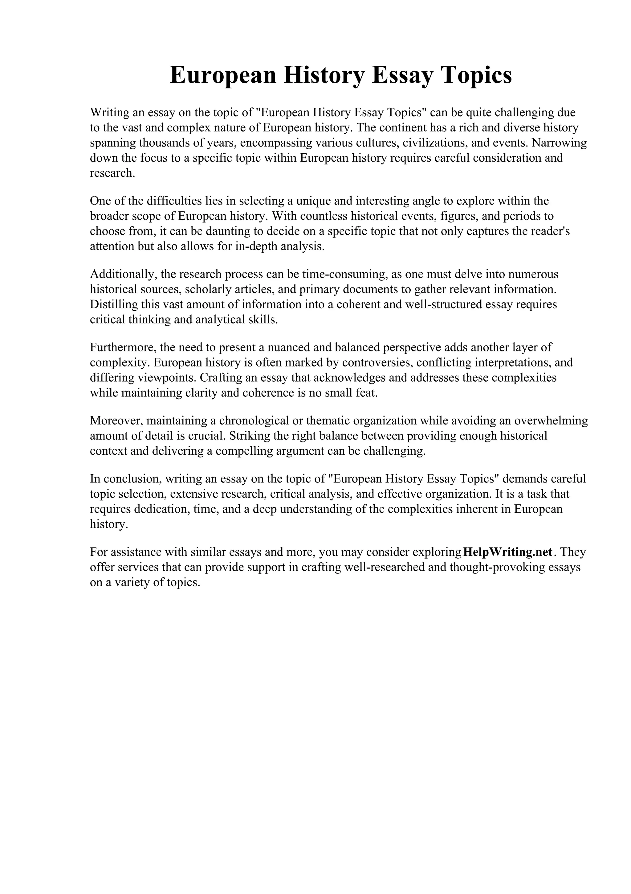 European History Essay Topics. Summary of European History handbook ...