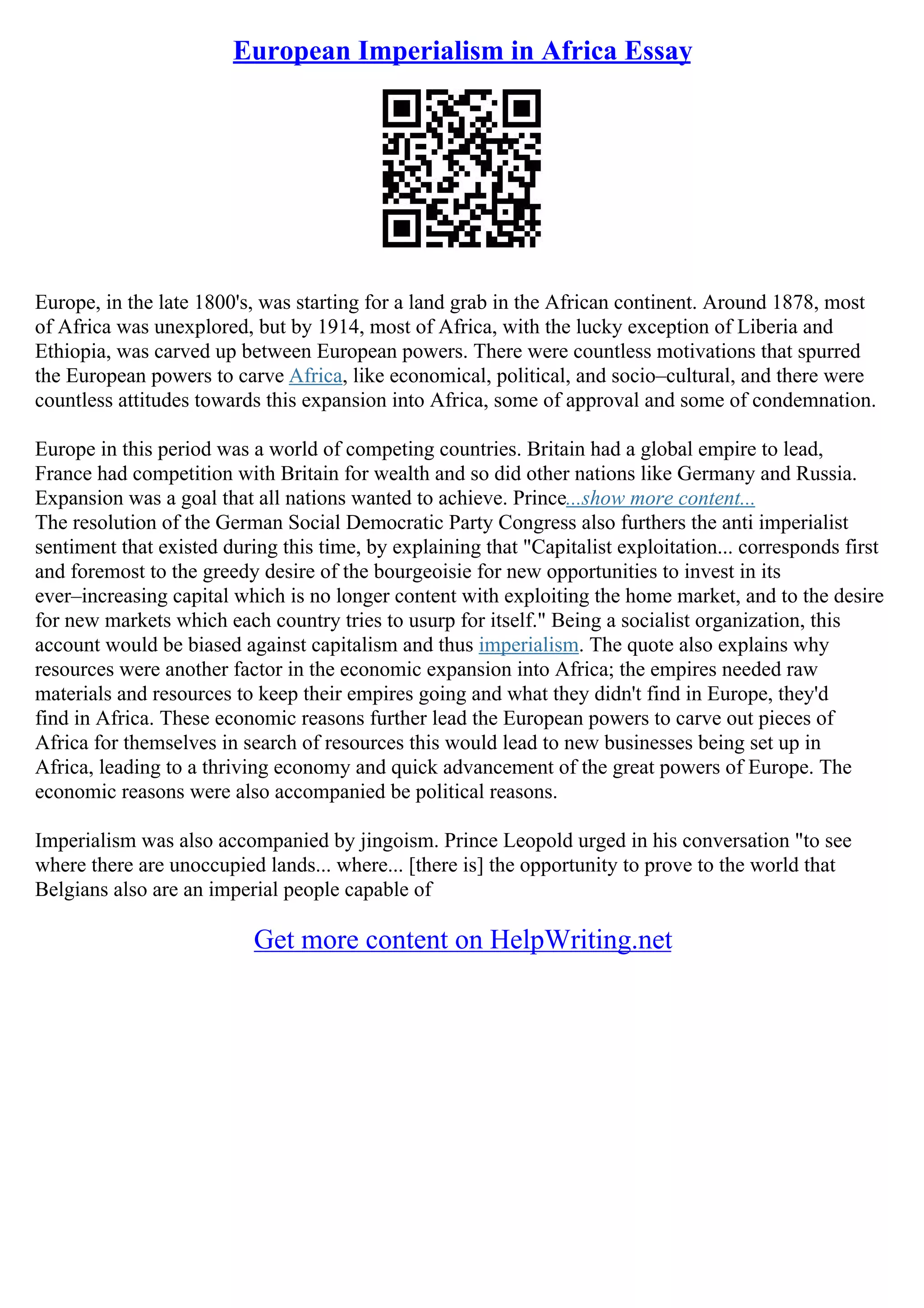 European Imperialism In Africa Essay | PDF