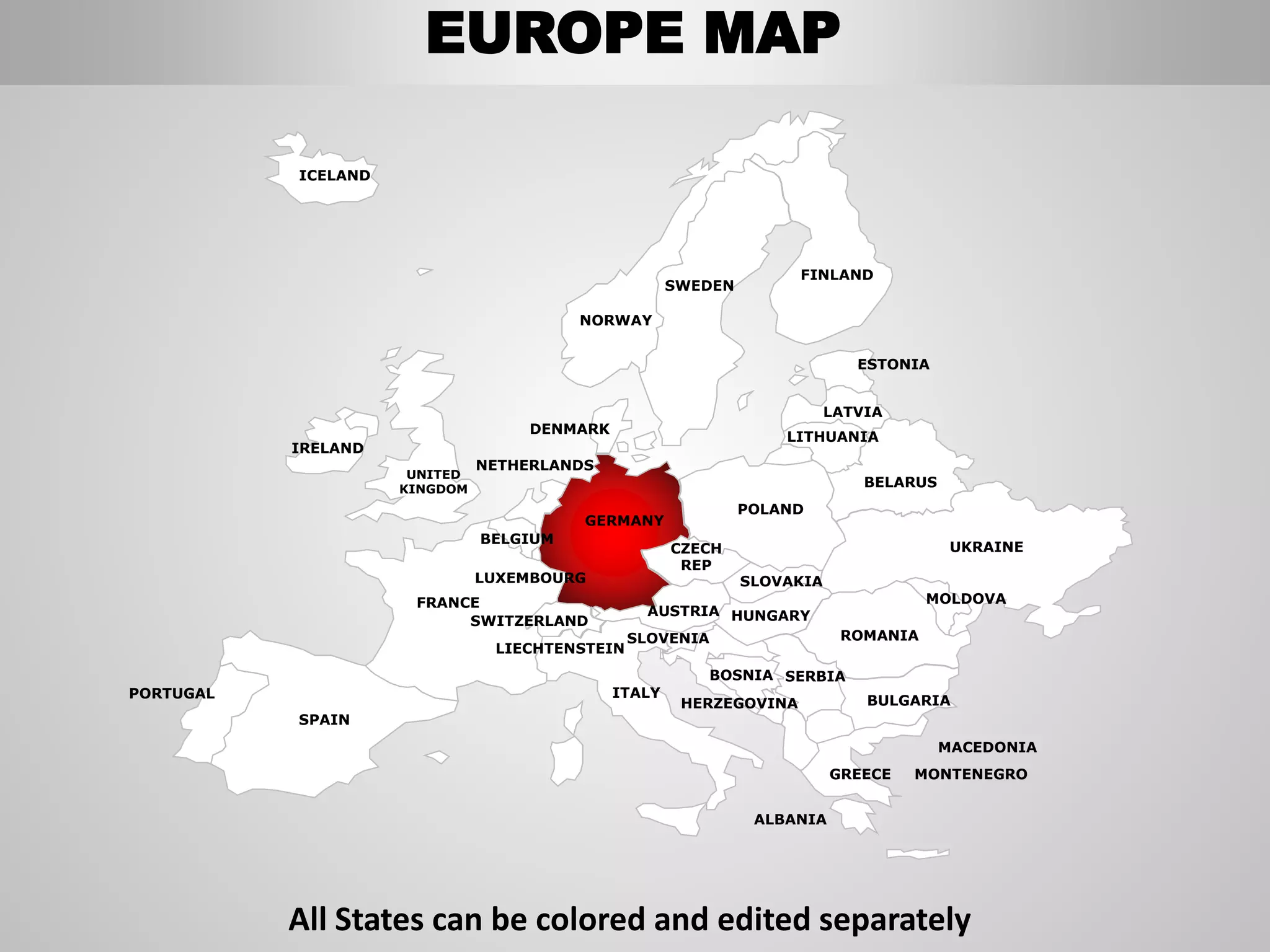 Europe editable continent map with countries | PPTX