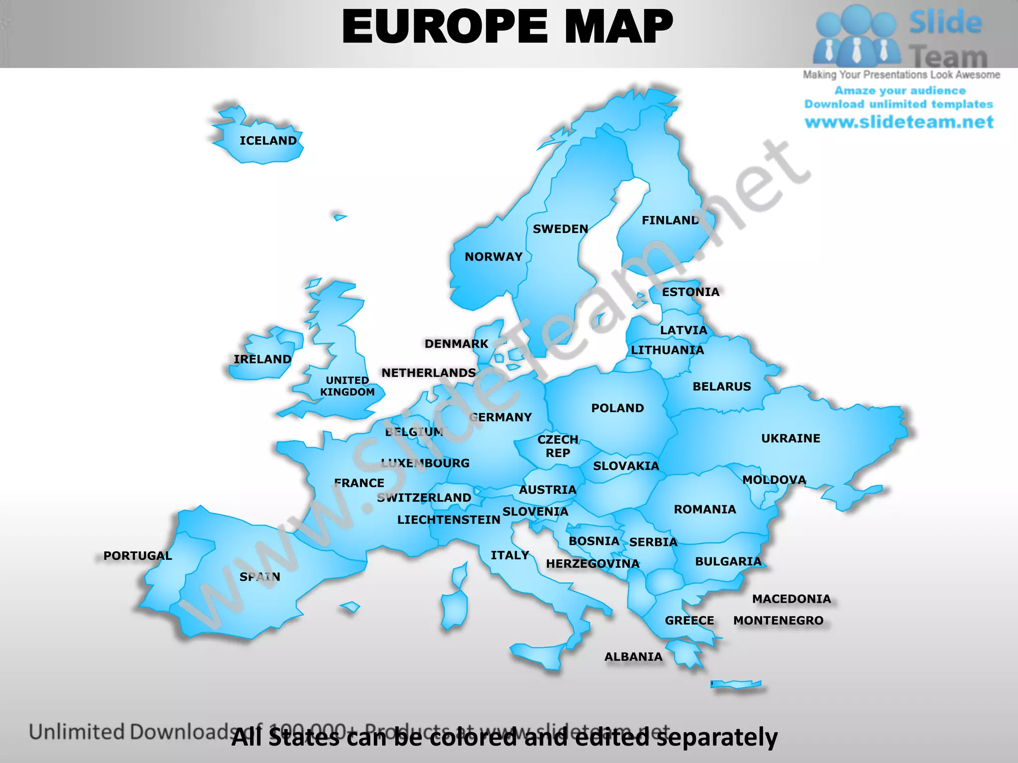 Europe powerpoint editable continent map with countries templates ...
