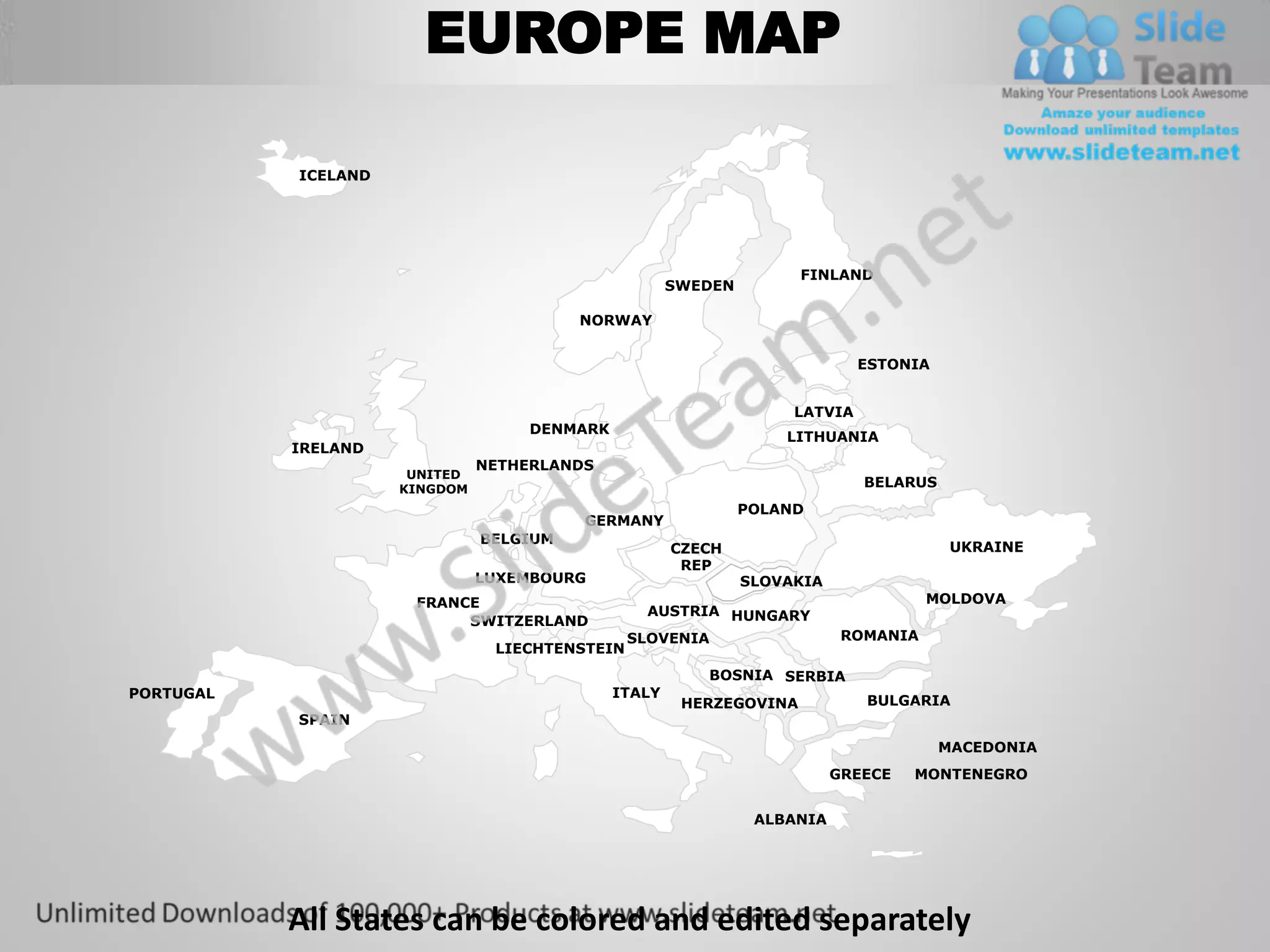 Europe powerpoint editable continent map with countries templates ...