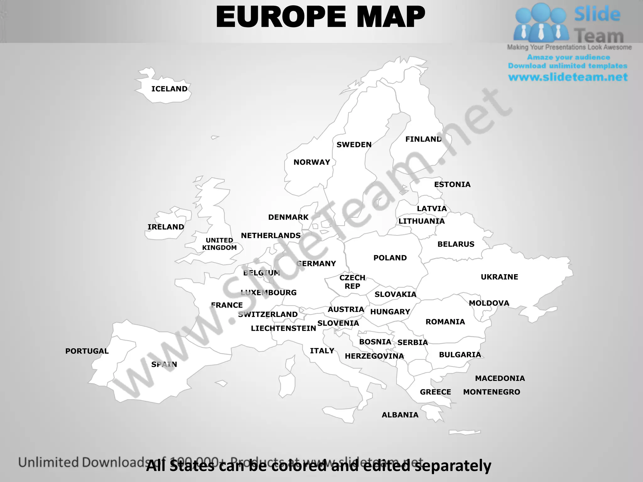 Europe powerpoint editable continent map with countries templates ...