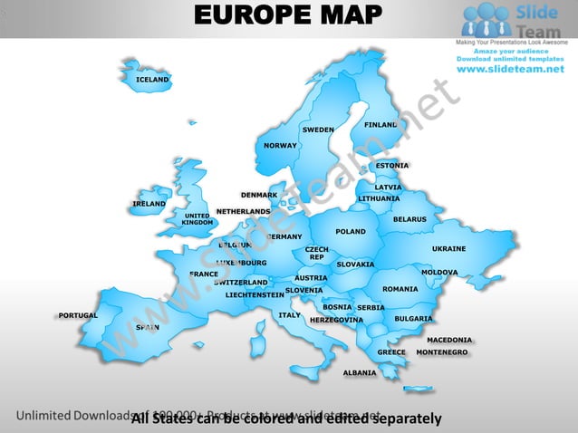Europe powerpoint editable continent map with countries templates ...