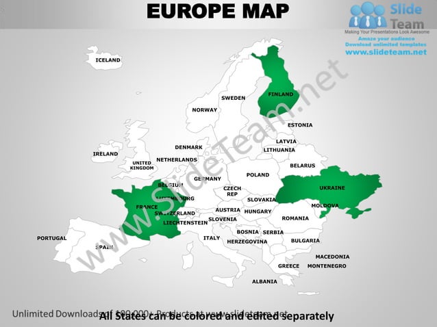 Europe powerpoint editable continent map with countries templates ...