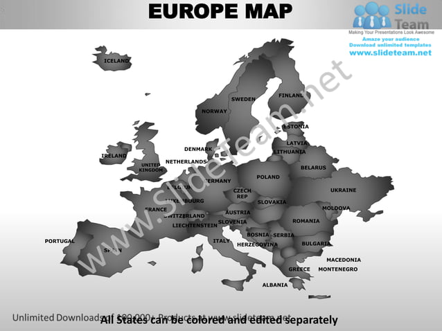 Europe powerpoint editable continent map with countries templates ...