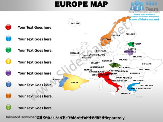 Europe powerpoint editable continent map with countries templates ...