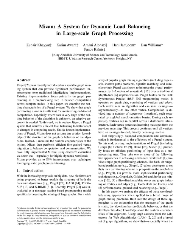 Mizan: A System for Dynamic Load Balancing in Large-scale Graph Processing | PDF