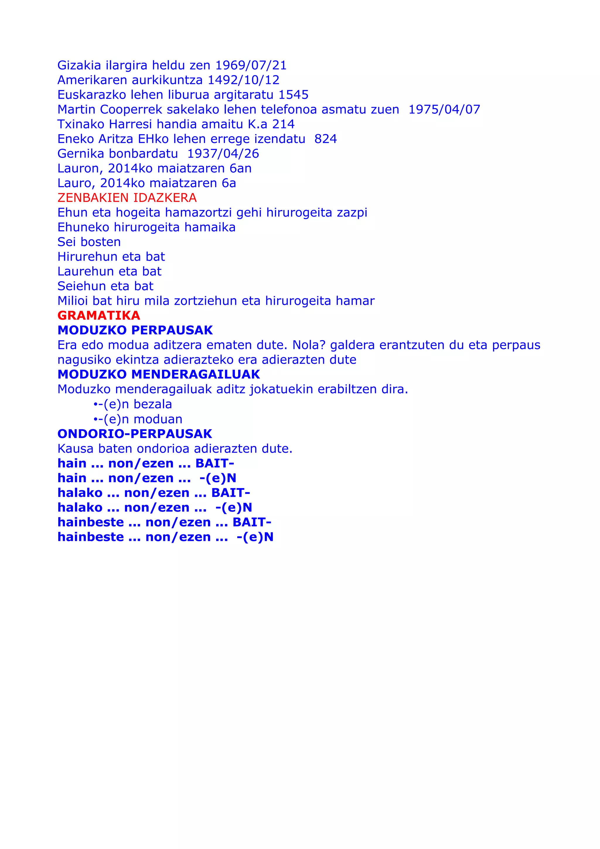 Euskera laburpena 9 10 gaiak | PDF