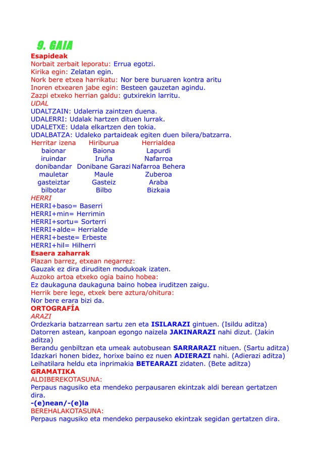 Euskera laburpena 9 10 gaiak | PDF