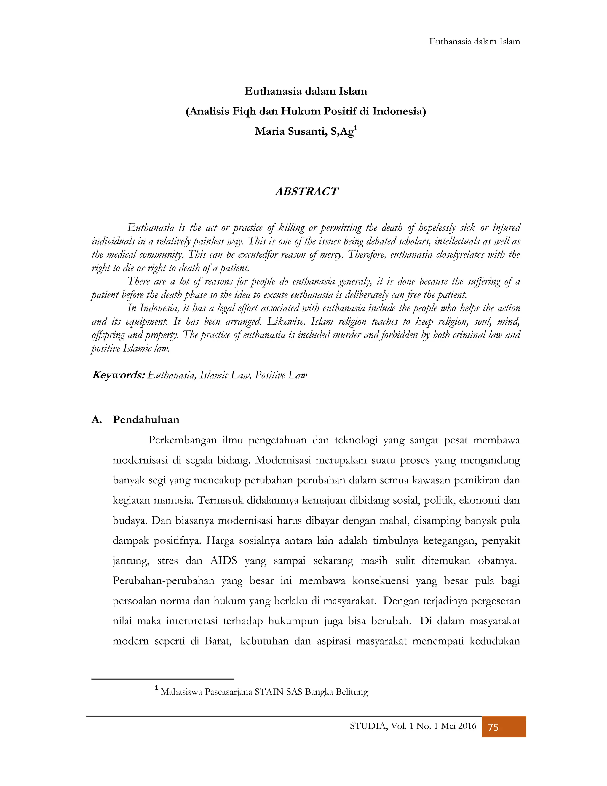 Euthanasia dalam islam (analisis fiqh dan hukum positif di indonesia) | PDF