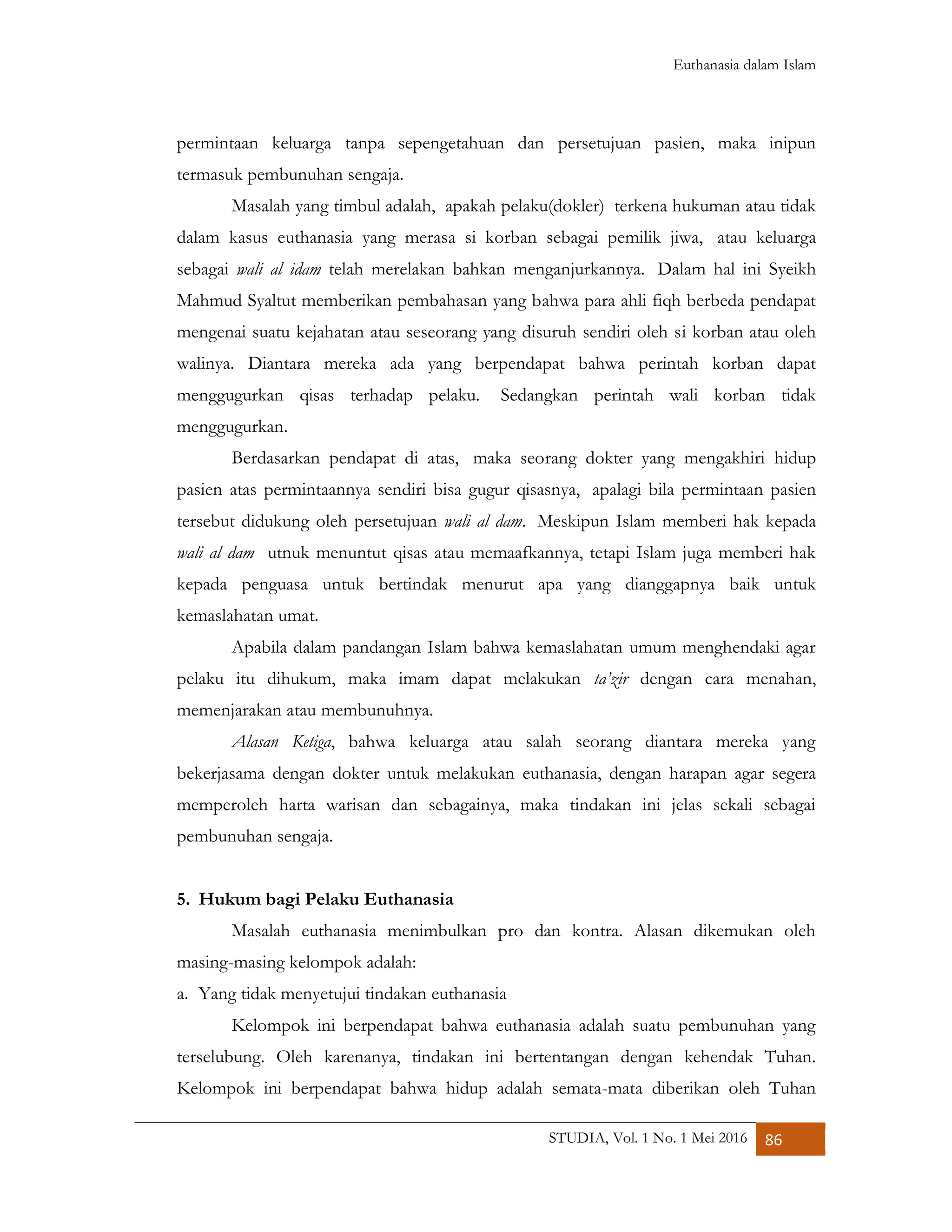 Euthanasia dalam islam (analisis fiqh dan hukum positif di indonesia) | PDF