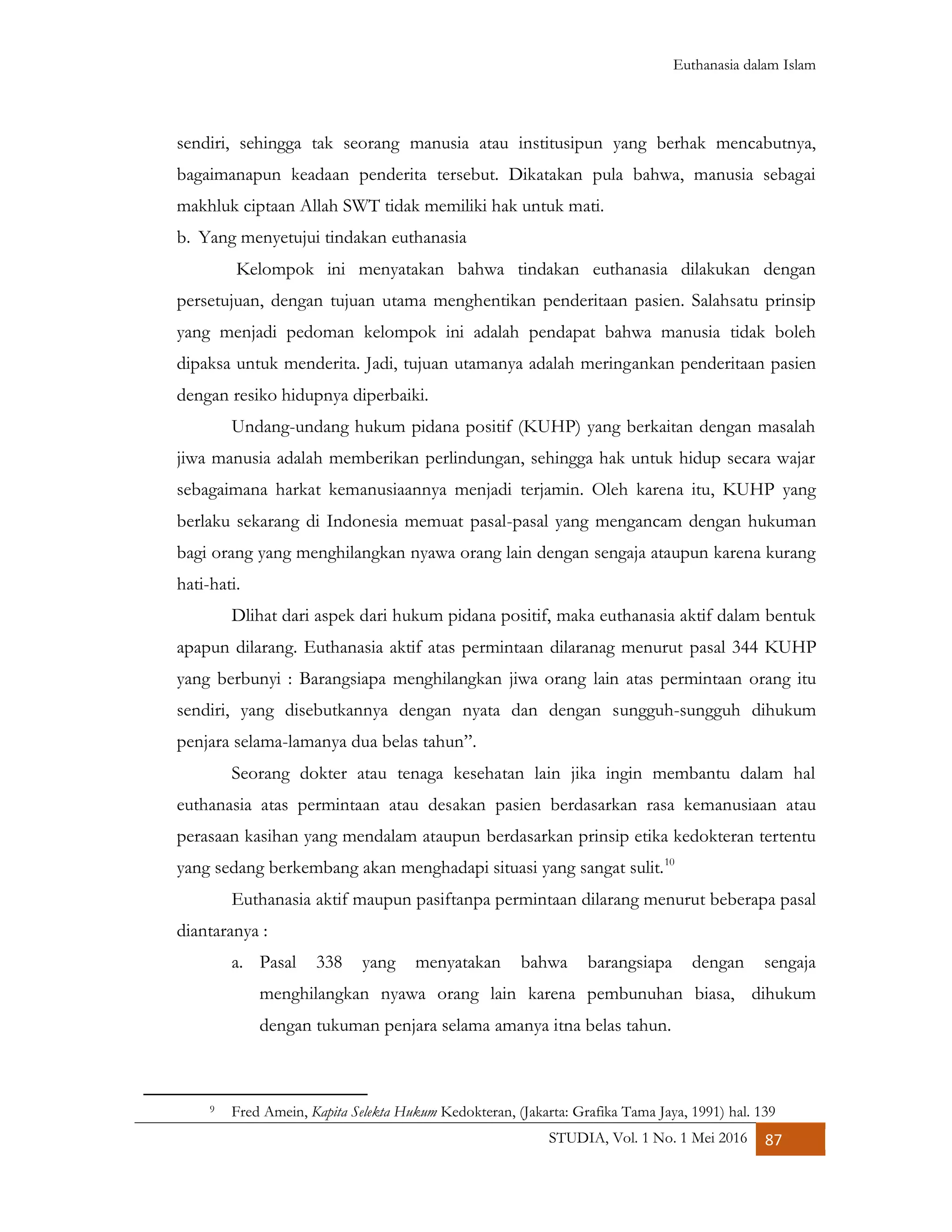 Euthanasia dalam islam (analisis fiqh dan hukum positif di indonesia) | PDF
