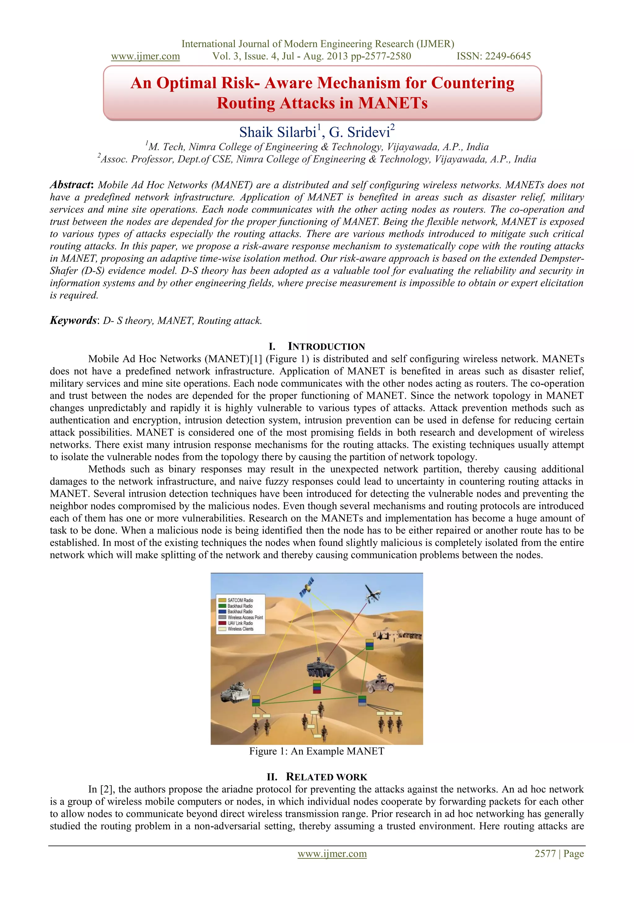 An Optimal Risk- Aware Mechanism for Countering Routing Attacks in MANETs | PDF | Information ...