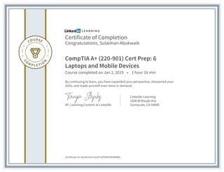 Certificate ofcompletion comptia a plus 220 901 cert prep 6 laptops and ...