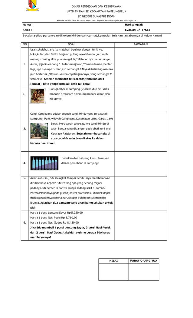 ulangan harian setelah sub tema 3 | DOCX