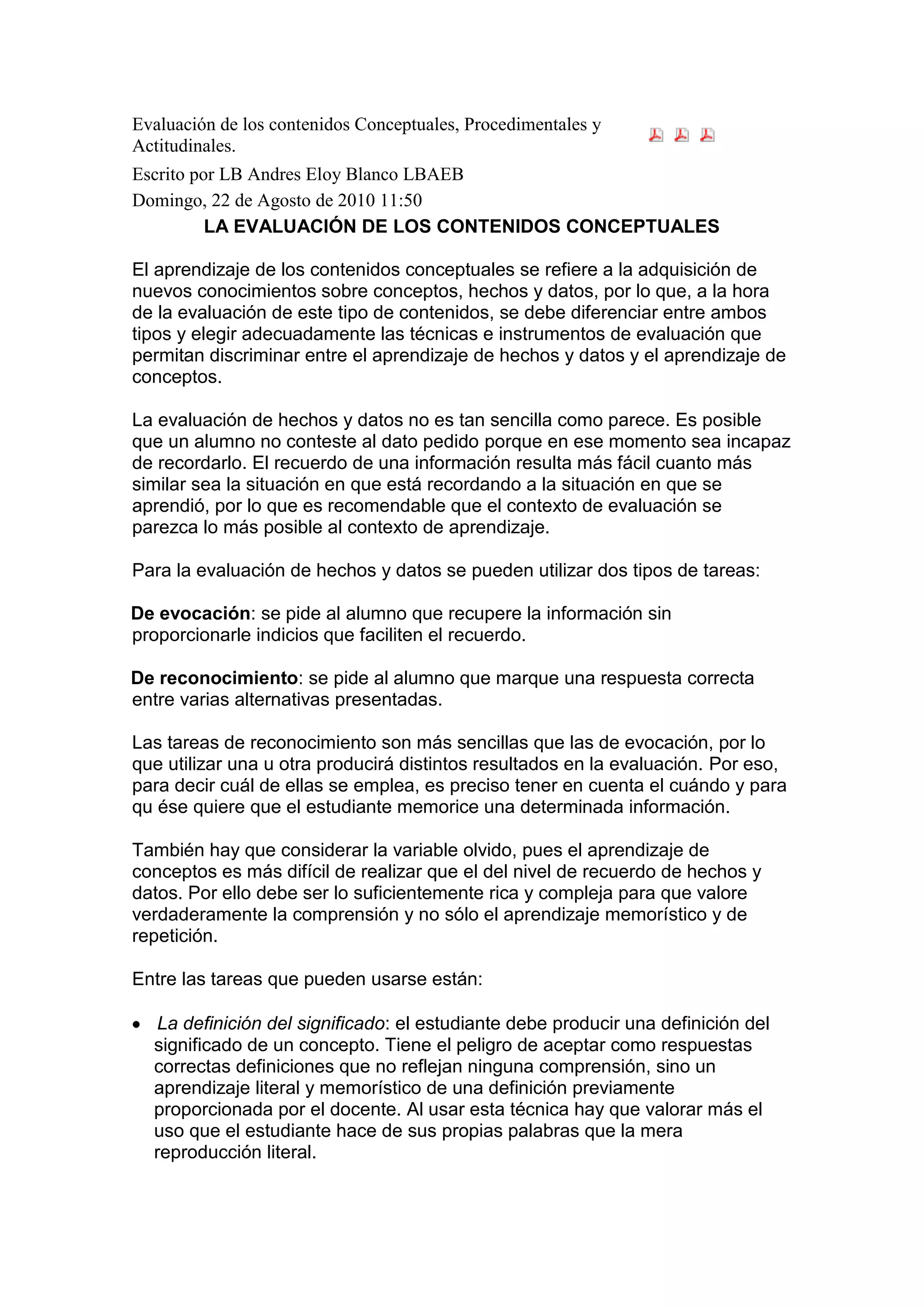 Evaluación de los contenidos conceptuales | DOCX