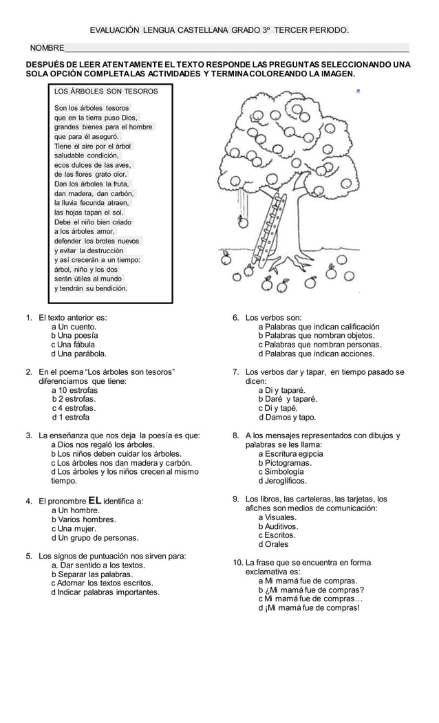 Evaluación lengua castellana grado 3º tercerperiodo | PDF Evaluación lengua castellana grado 3º tercerperiodo | PDF