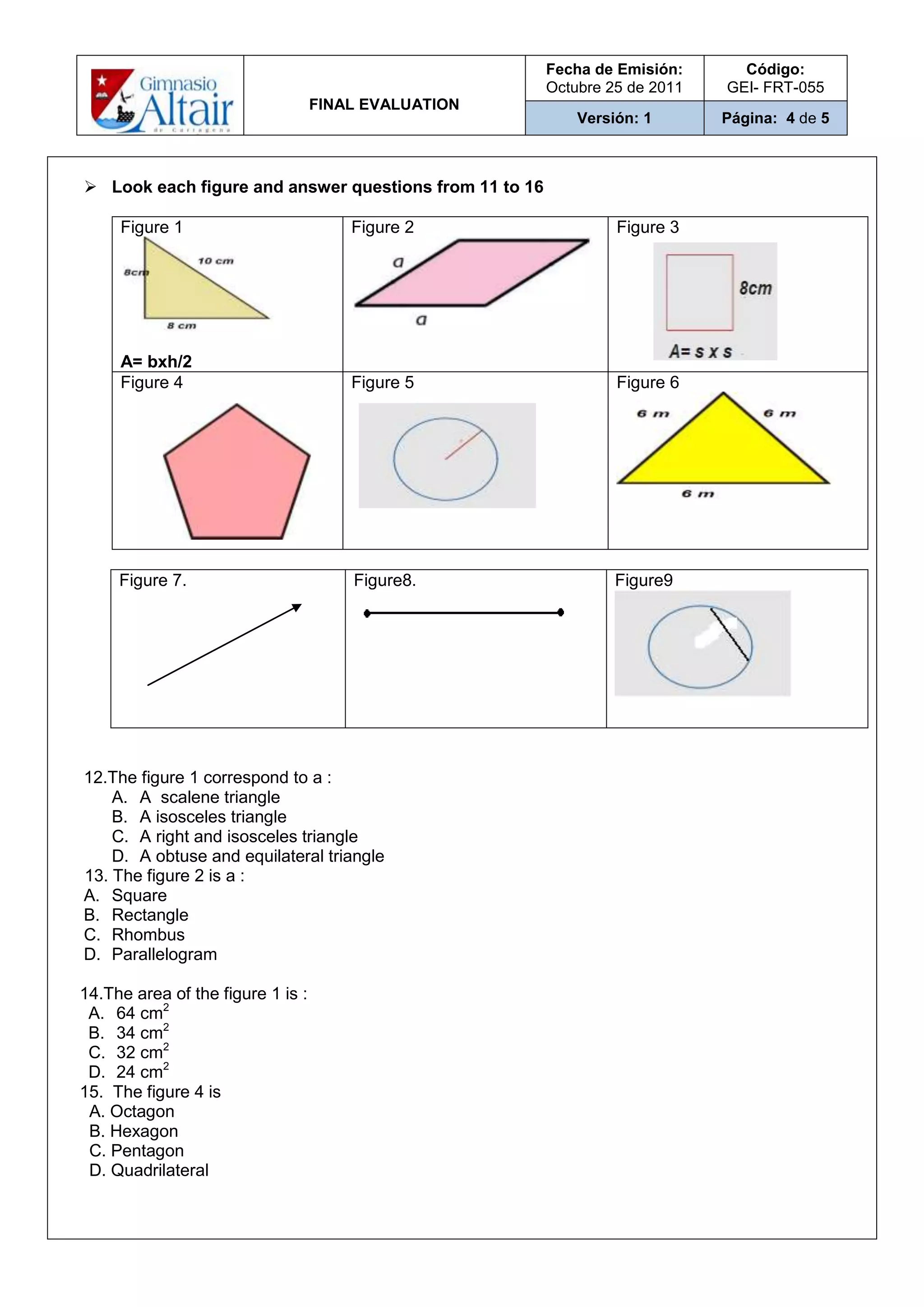 Geometry Evaluation 4 grade | DOCX