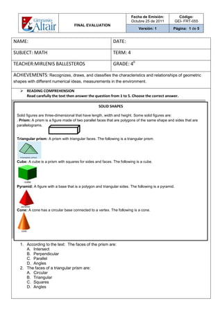 Geometry Evaluation 4 grade | DOCX