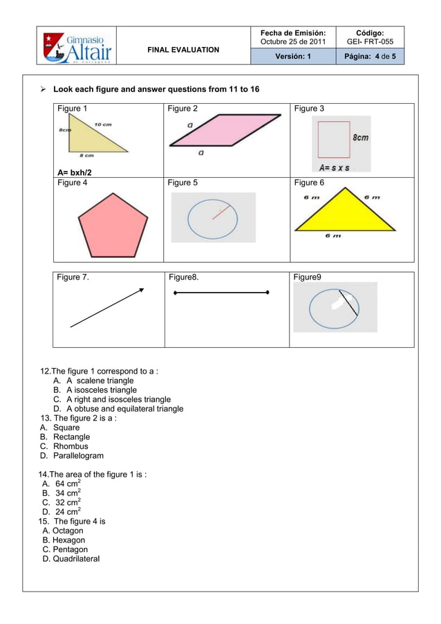 Geometry Evaluation 4 grade | DOCX