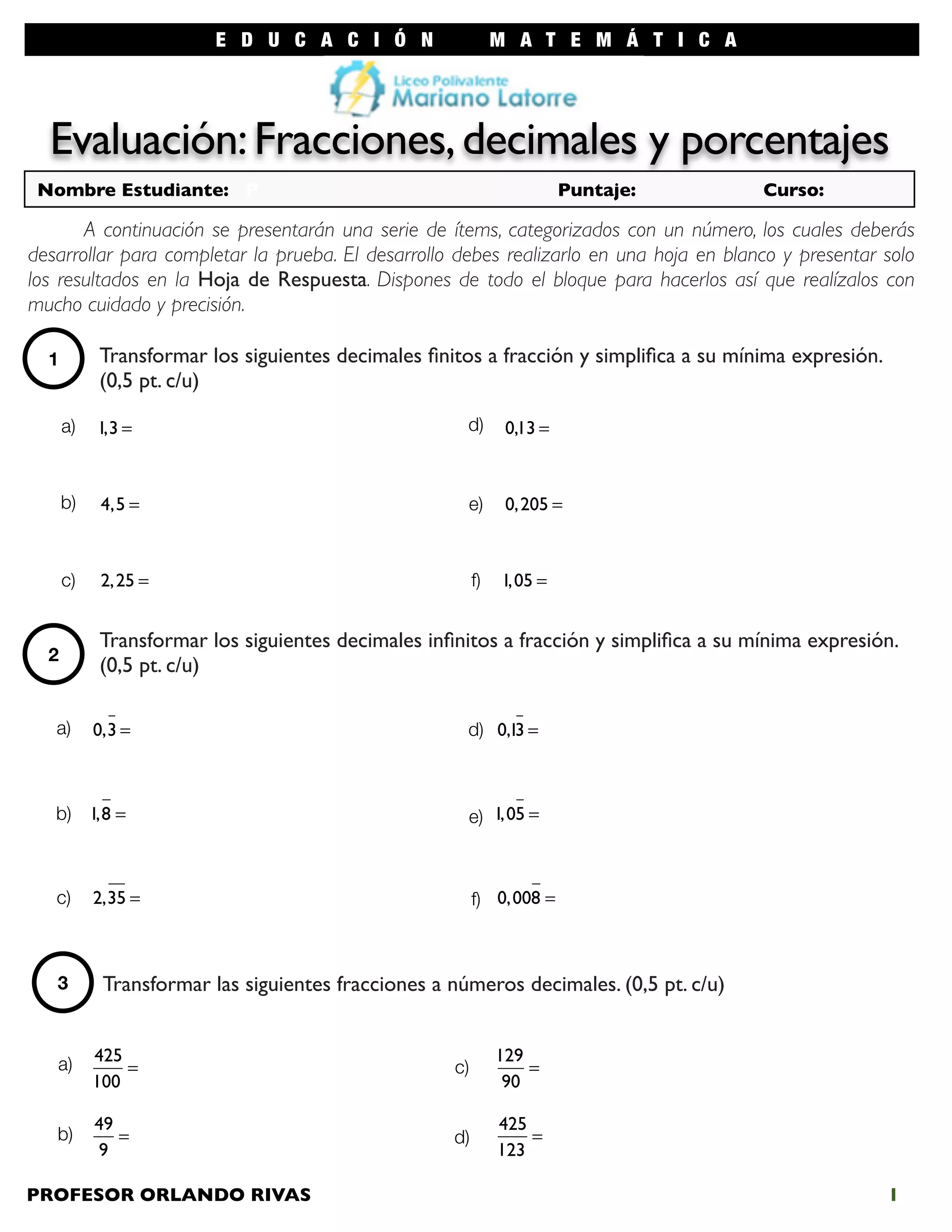 Evaluación Porcentajes, Fracciones y Decimales | PDF