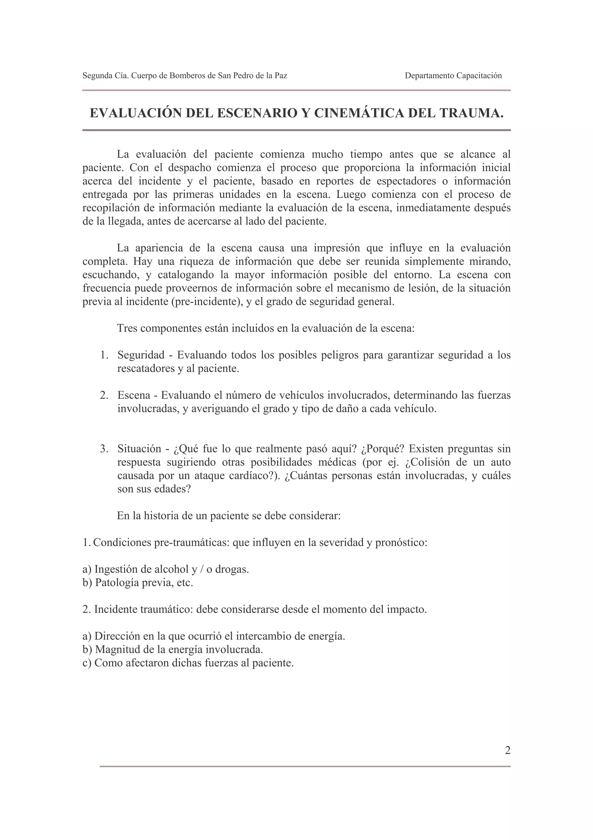 Evaluacion del escenario y cenematica del trauma | PDF
