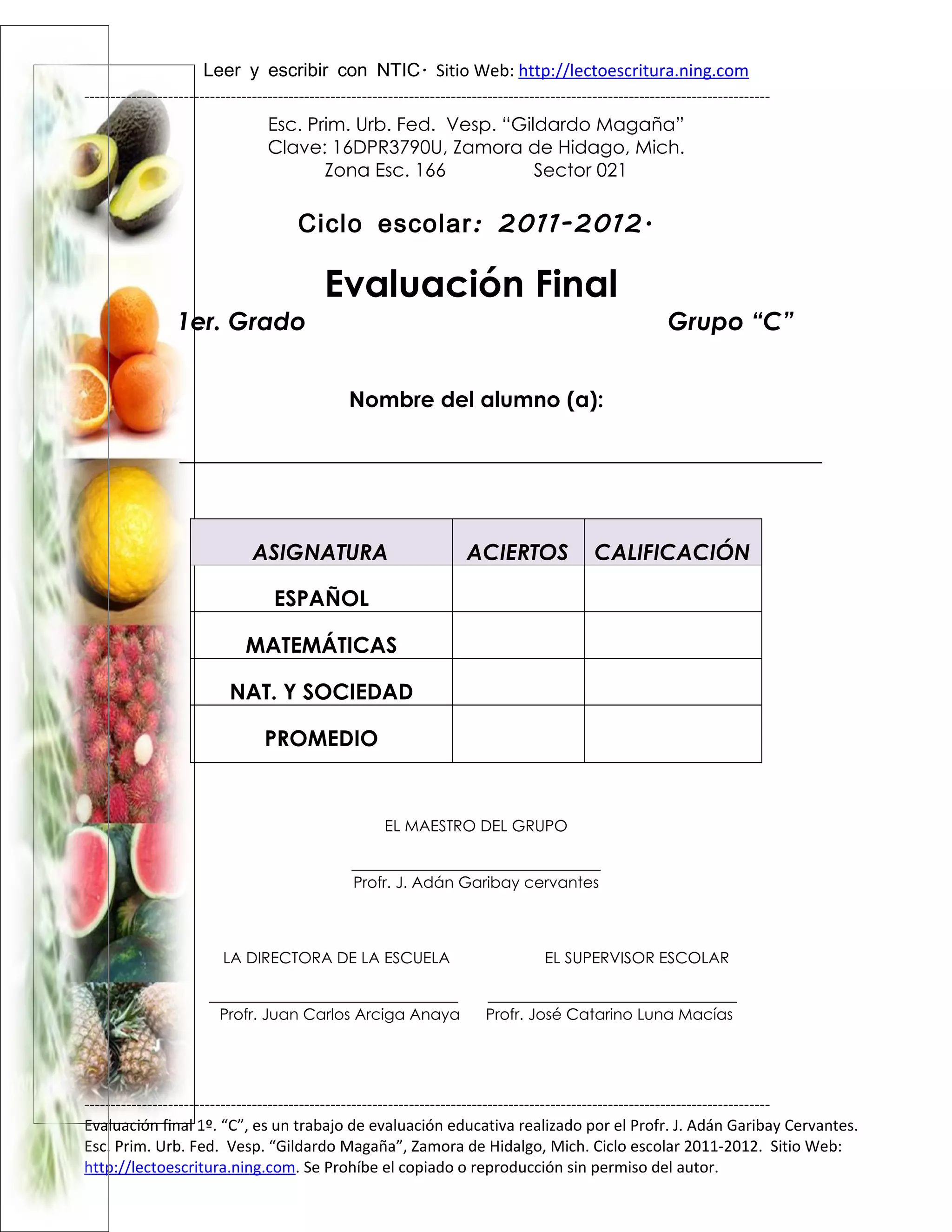 Evaluacion final primer grado de primaria | DOC