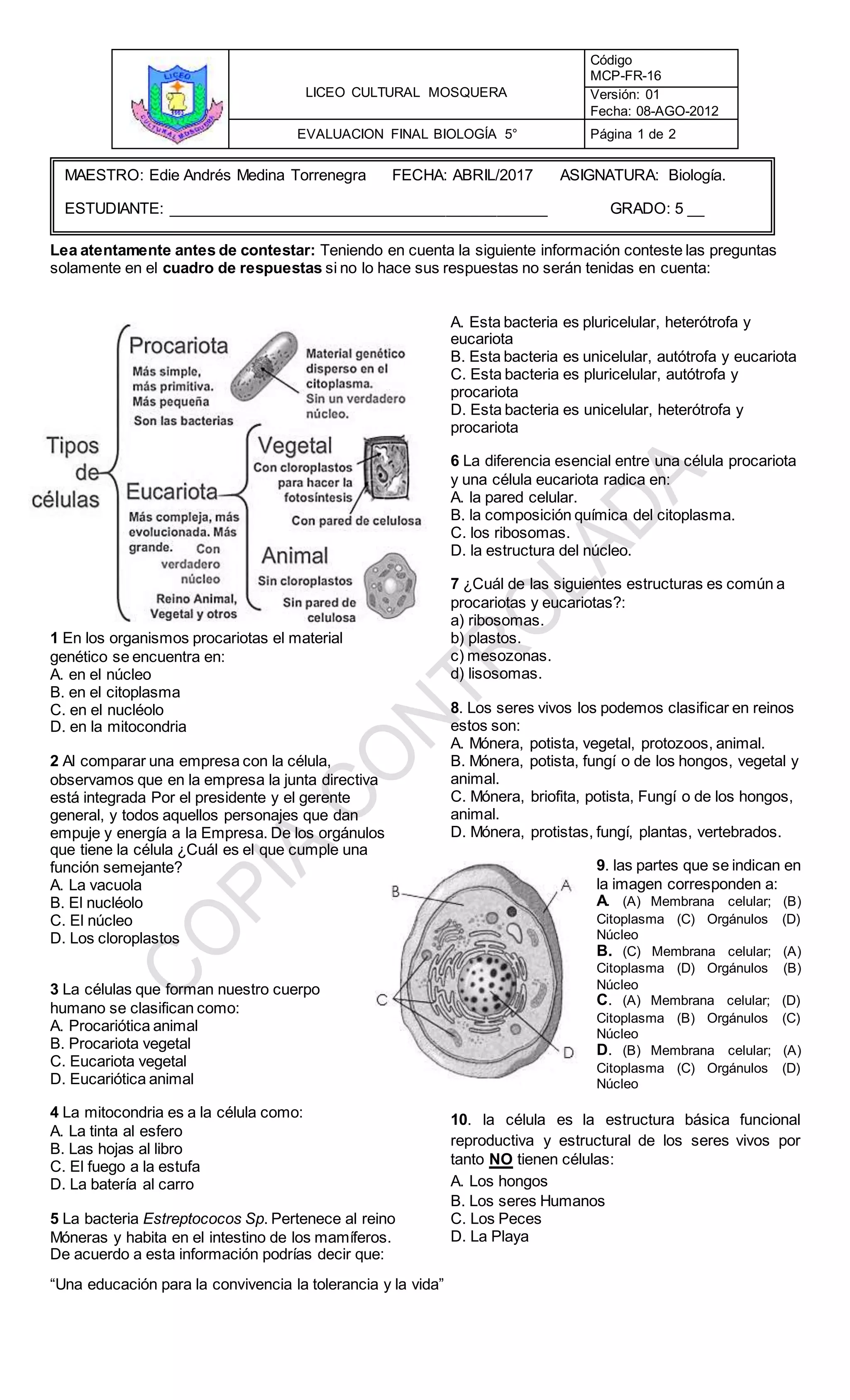 Evaluación sobre Célula y tipos de celula | DOCX