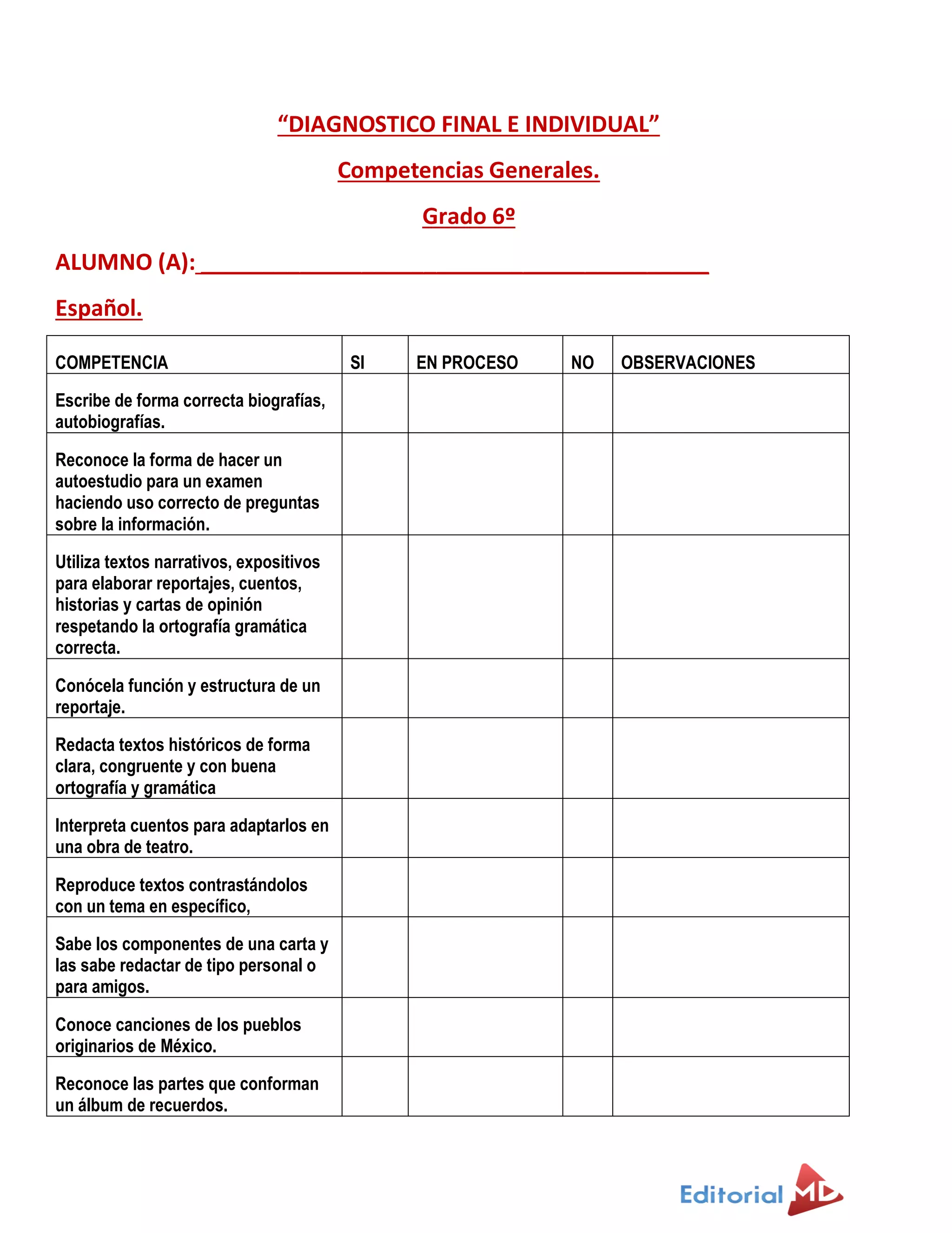 Evaluacion intermedia de primaria 6° grado | PDF