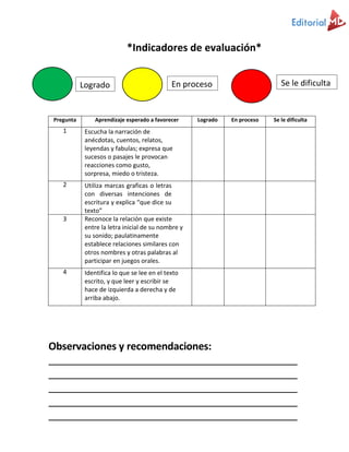 Evaluacion intermedia en preescolar | DOCX